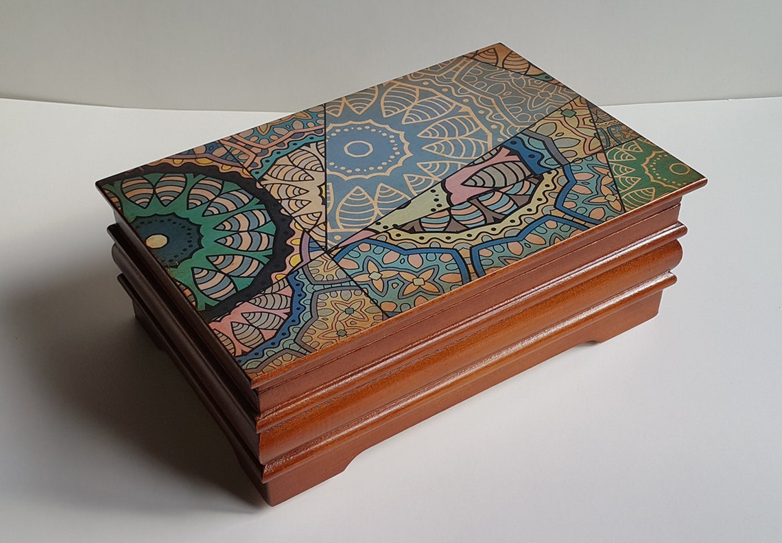 Wooden Box Blue Wood Box Blue Pattern Box Gift for Her Wood Painted Box ...