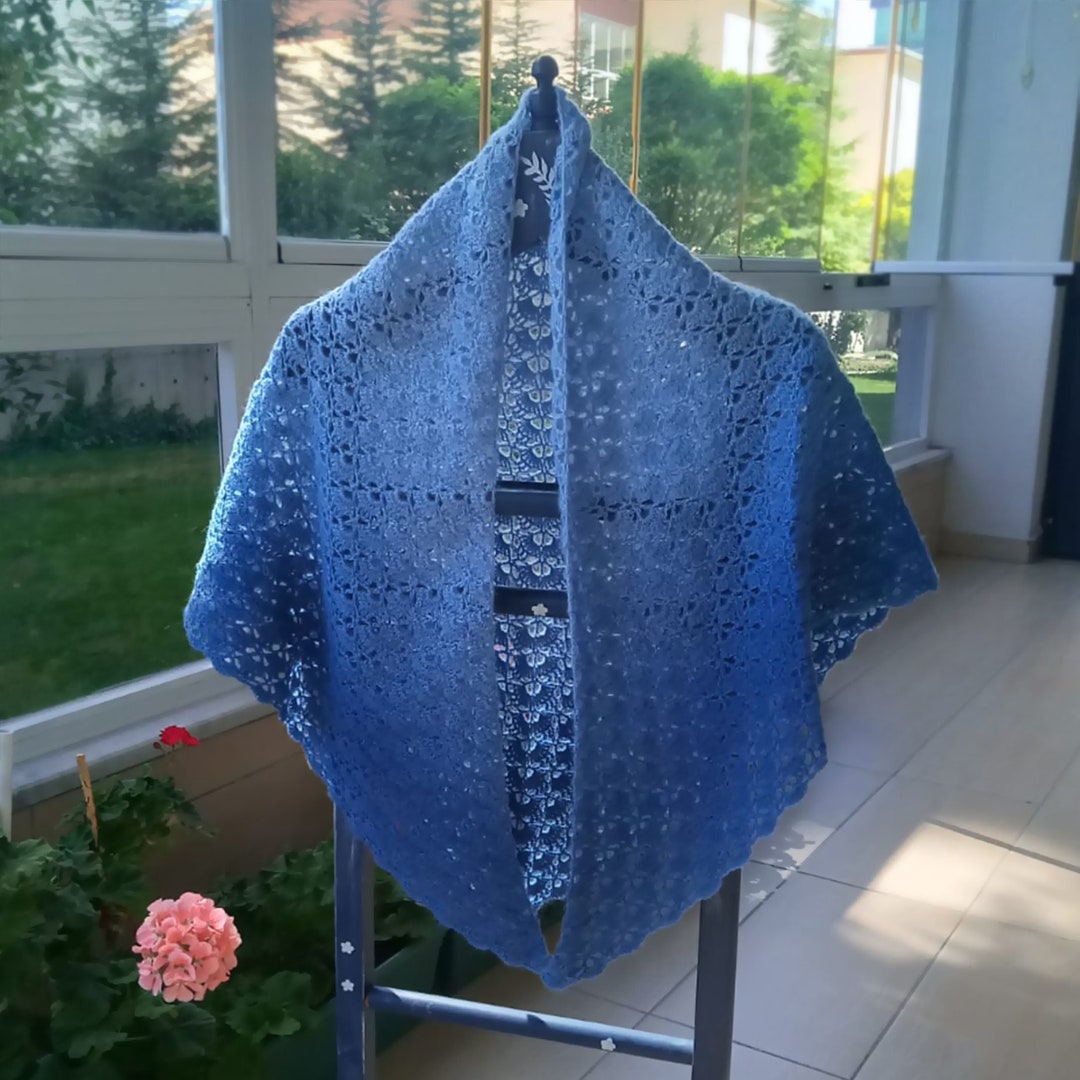 Hand Knitted Crochet Shawl | Angora Wool | Blue Scarf | Triangular Wrap ...
