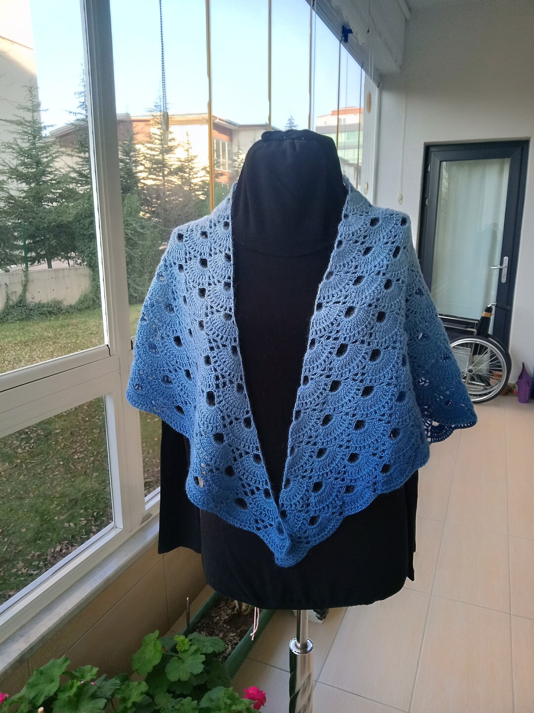 Hand Knitted Crochet Shawl | Angora Wool | Blue Scarf | Triangular Wrap ...