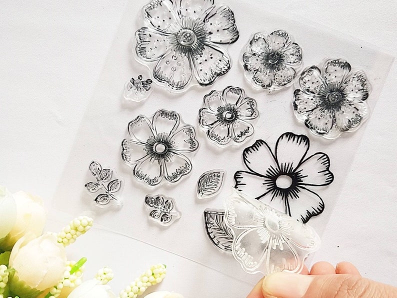 Floral Clear Stamp Set: Flower & Leaf Designs for Scrapbooking, Craft ...