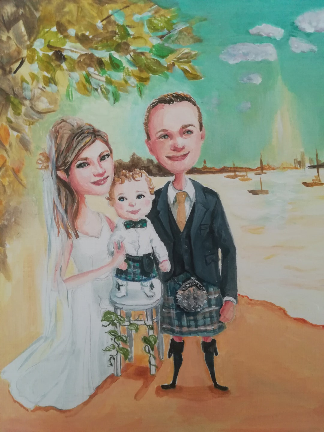 Custom Portrait Illustration for Three People + Costume +back Ground ...