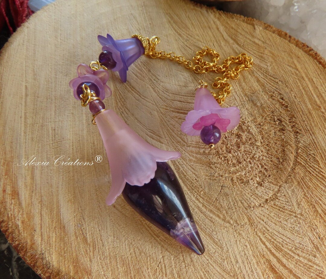 Divinatory Pendulum With Drop and Amethyst Beads Decorated With Flowers ...