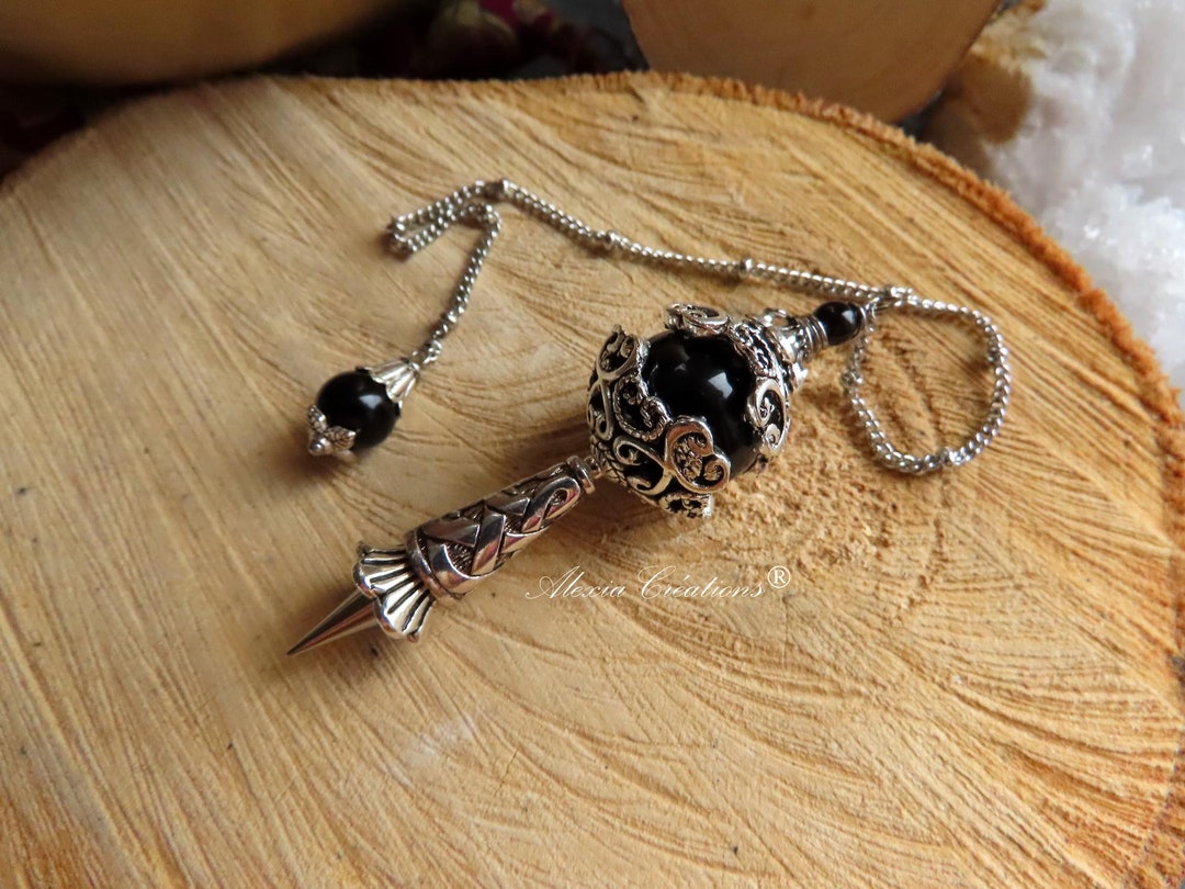 Baroque Pendulum in Black Obsidian, Undyed Natural Stone and Silver ...