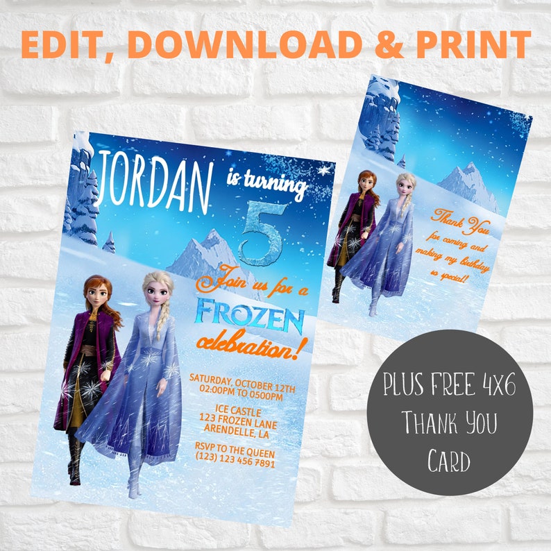 Editable Frozen 2 Birthday Invite Disney Elsa Invitation Card Frozen