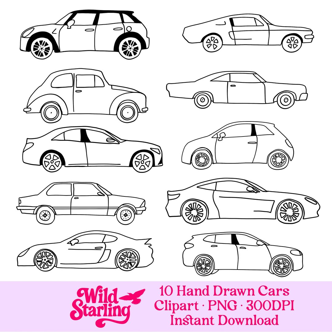 10 Hand Drawn Cars Clipart PNG Car Vehicle Line Art Bundle Digital ...