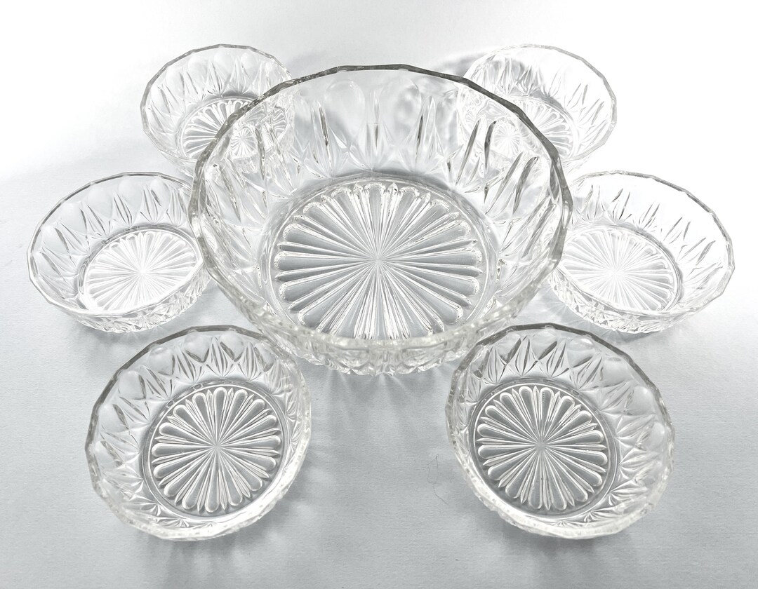 7 Piece Glass Dessert Set, Vintage Reims France 6 Fruit Dishes and ...