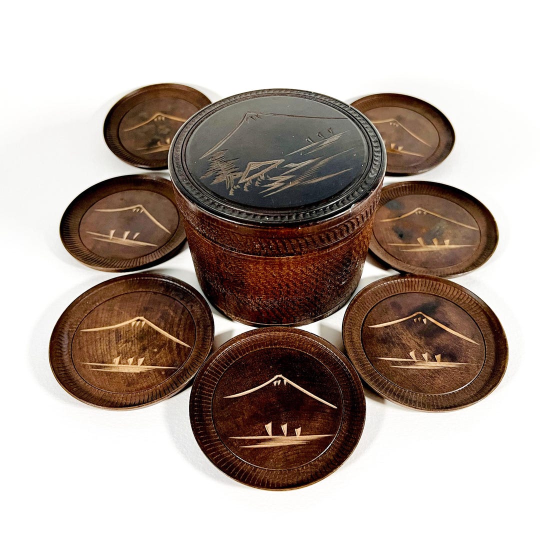 Japanese Wooden Coaster Set, Vintage Boxed 8 Pieces Featuring Mount ...