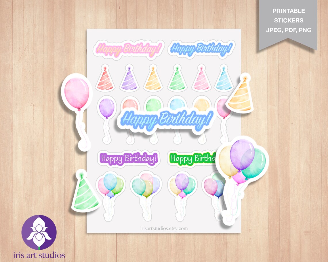 Happy Birthday Sticker Sheet Printable Stickers Balloons and | Etsy