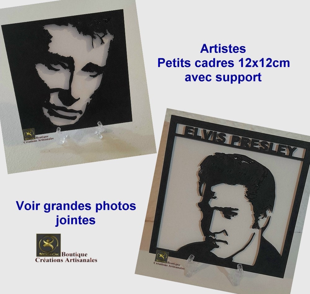Wooden Frame Johnny Hallyday, Elvis Presley Etc.. 12 X 12 Cm on Support ...