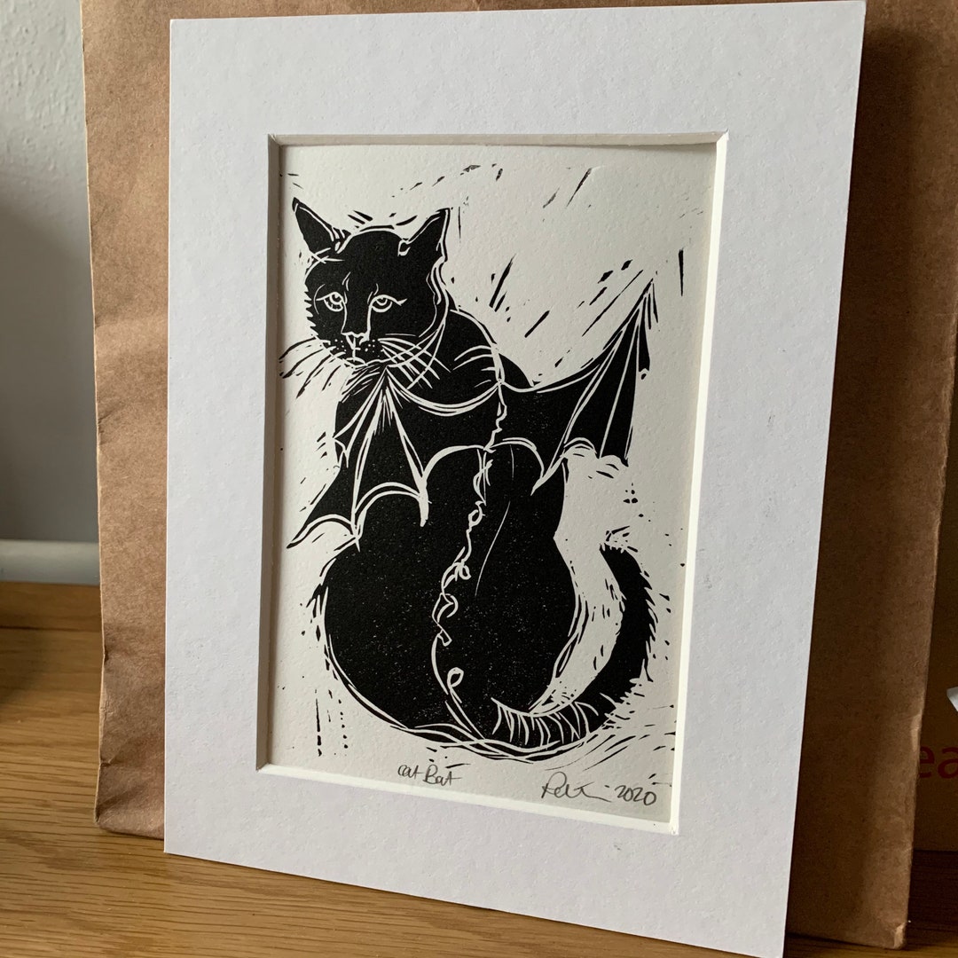 Cat Bat Original Linocut - Etsy