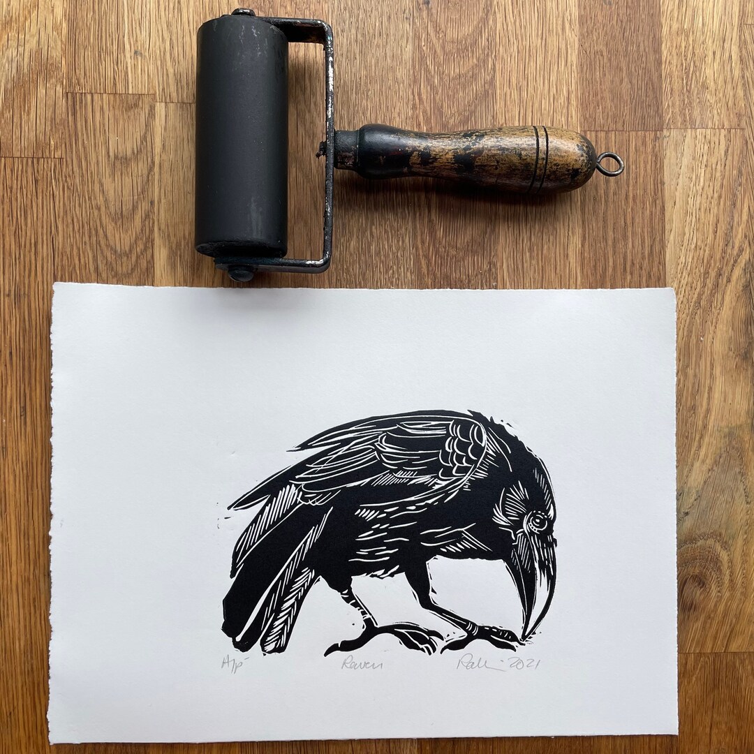 Raven Linocut Print in Black - Etsy