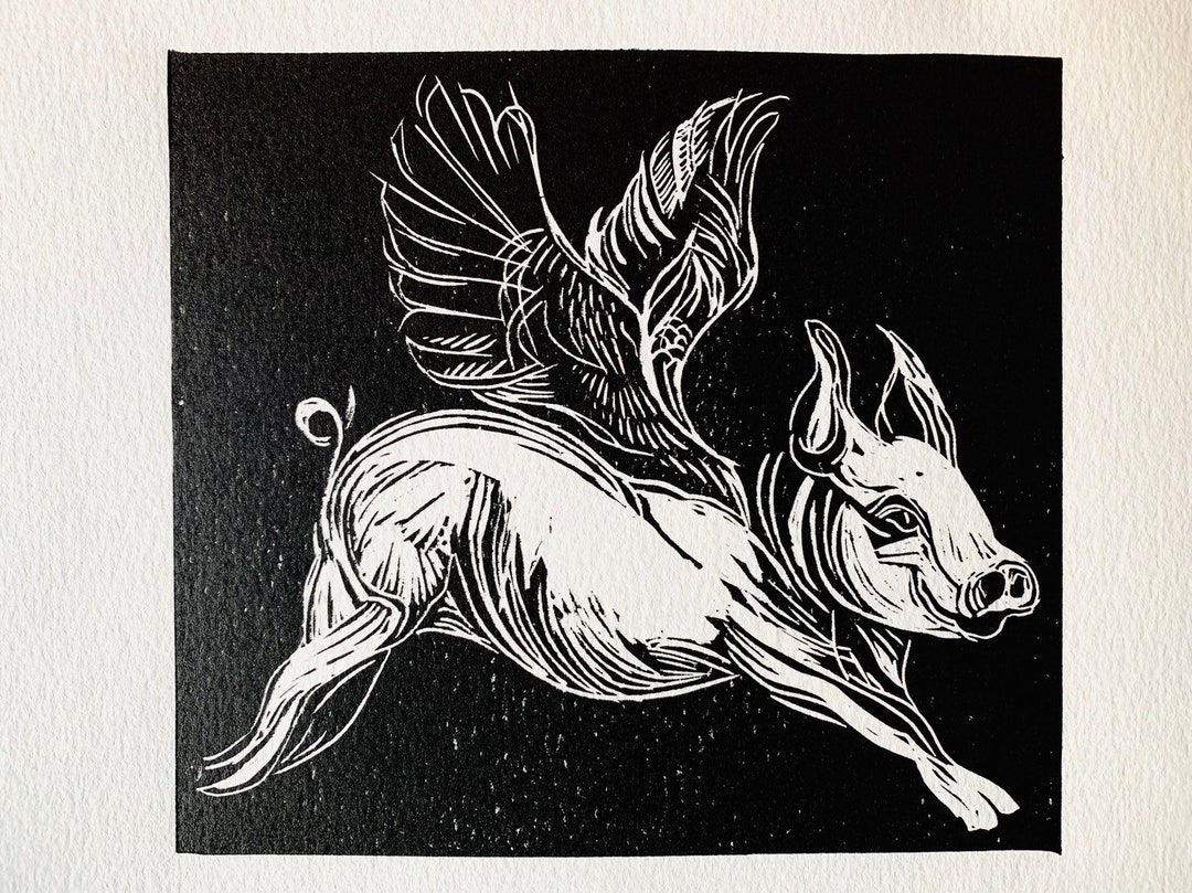 Flying Pig Linocut Print in Black - Etsy