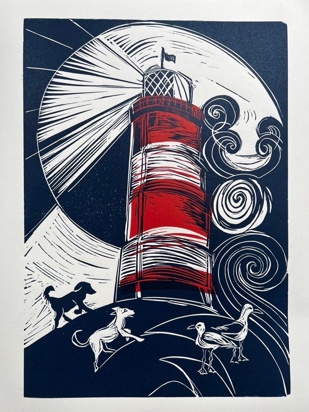 To the Lighthouse Blue and Red Ink Linocut Print Hand - Etsy UK