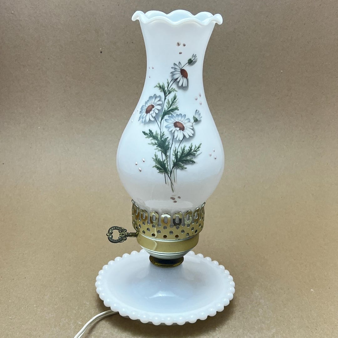 Vintage Hurricane Lamp Hobnail Base White Ruffled Glass Shade Daisies ...