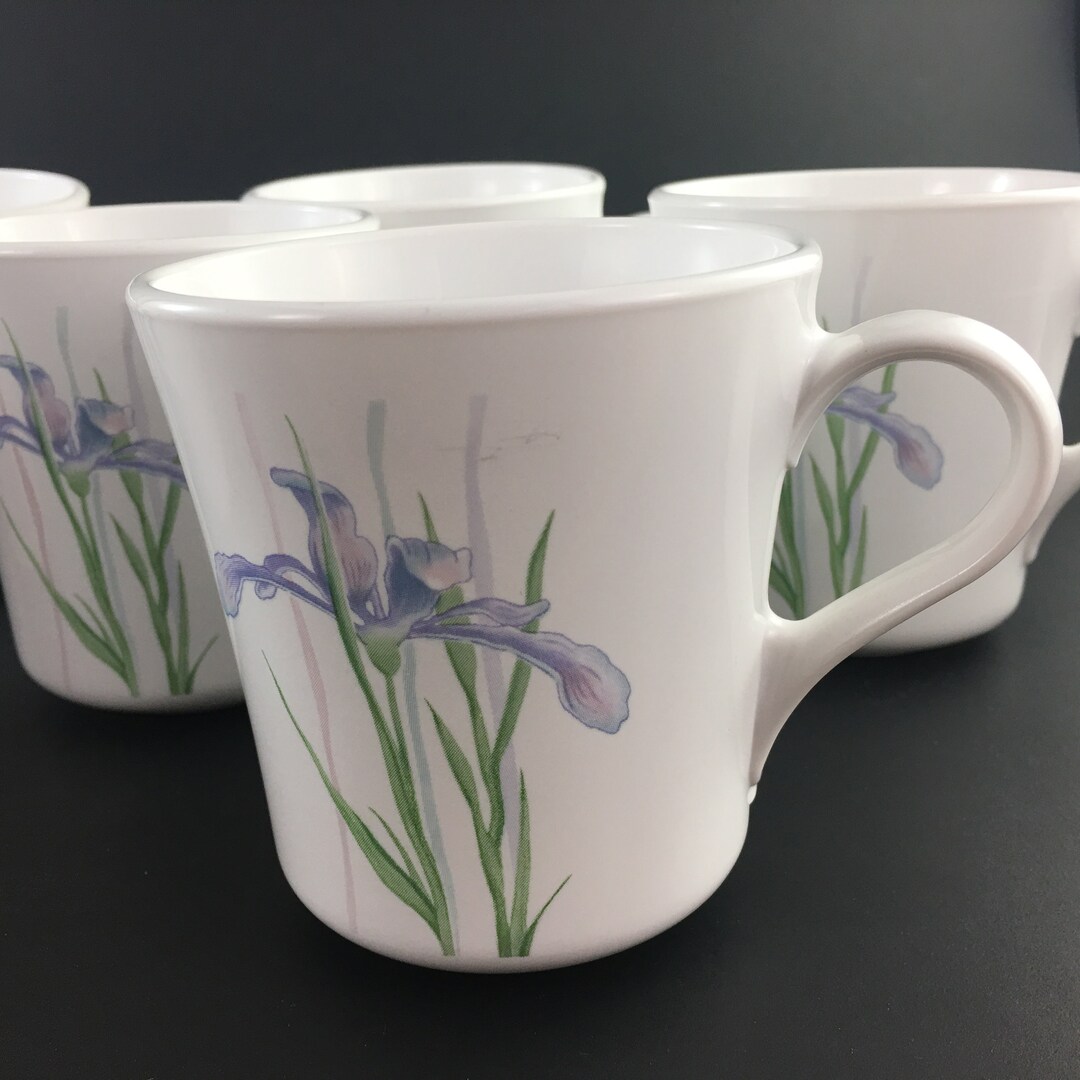 Corning Shadow Iris Cups Mugs Set of 4, Iris Flower Coffee Mugs, White ...
