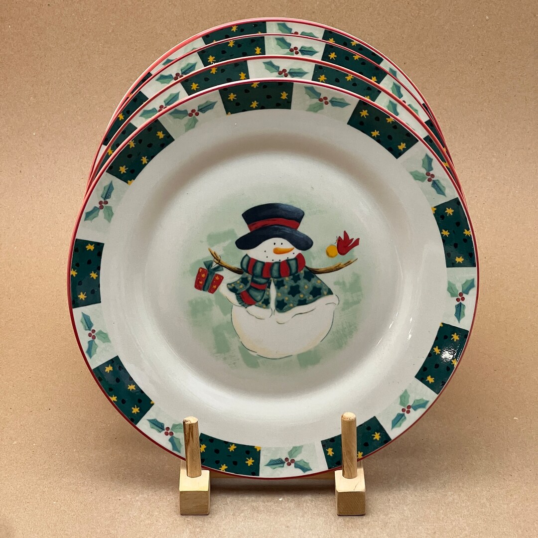 Set of 4 Vintage Snowman With Red Cardinal Dinner Plates Trimmed in ...