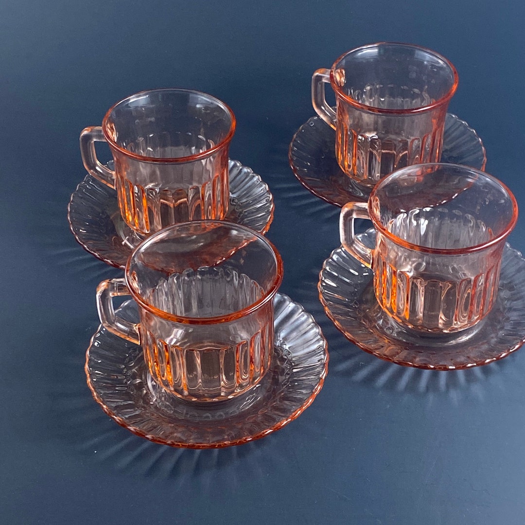 Forte Crisa Pink Glass Cup & Saucer, Set of 4 Pink Glass Cup Saucer ...