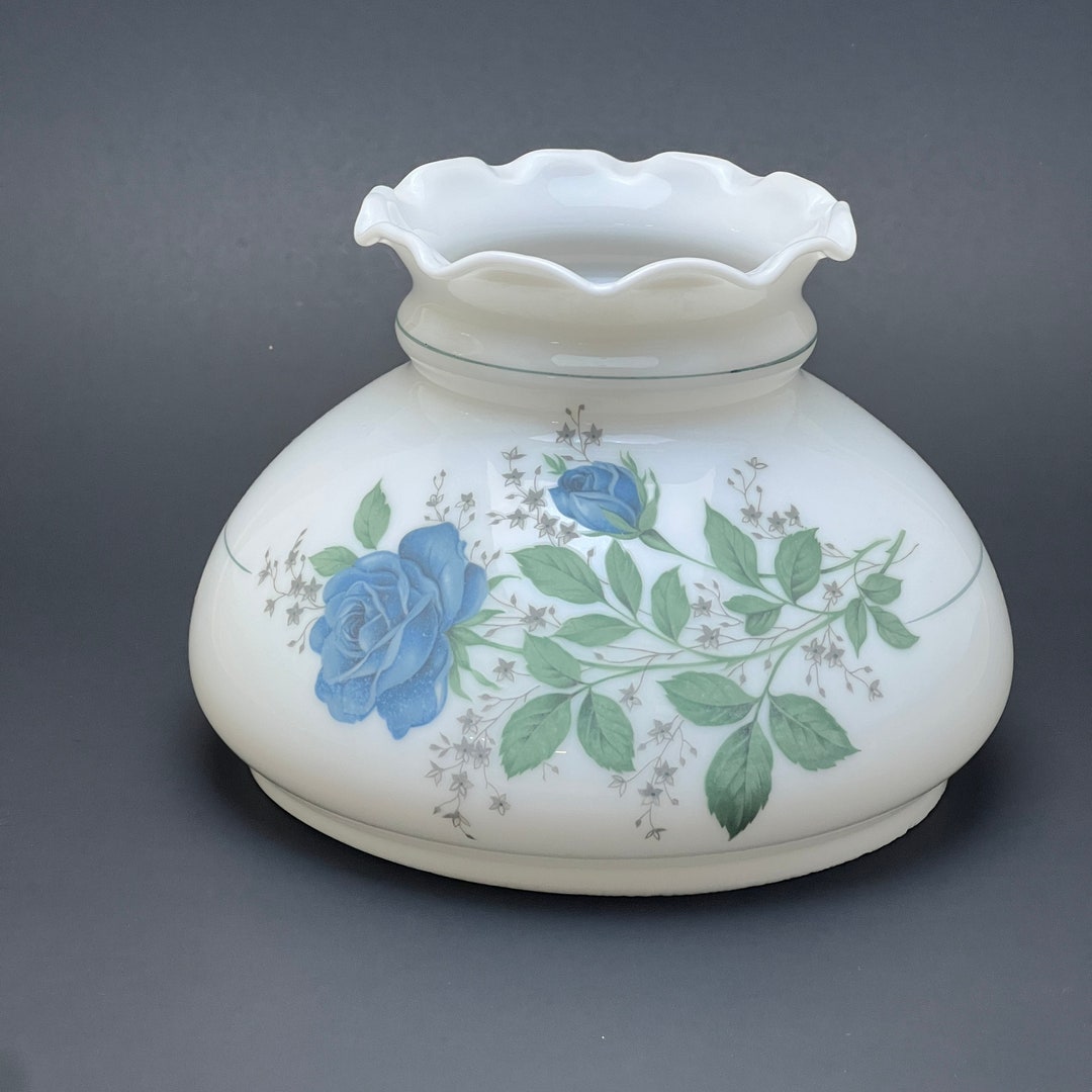 Milk Glass Shade Hand Painted Blue Roses, White Glass Lamp Shade Hand ...