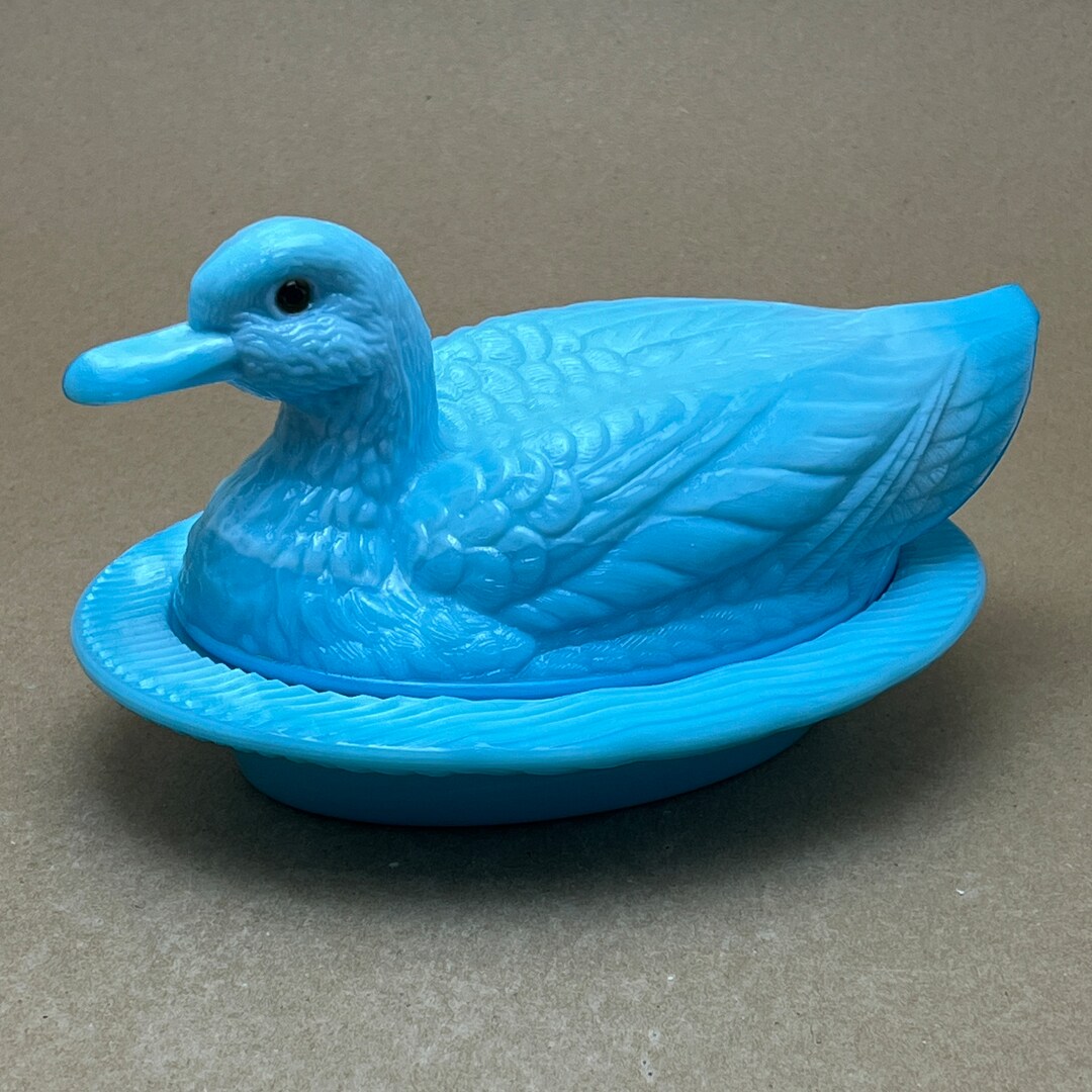 Westmoreland Blue Milk Glass Duck Water Base Gold Eyes Covered Dish ...