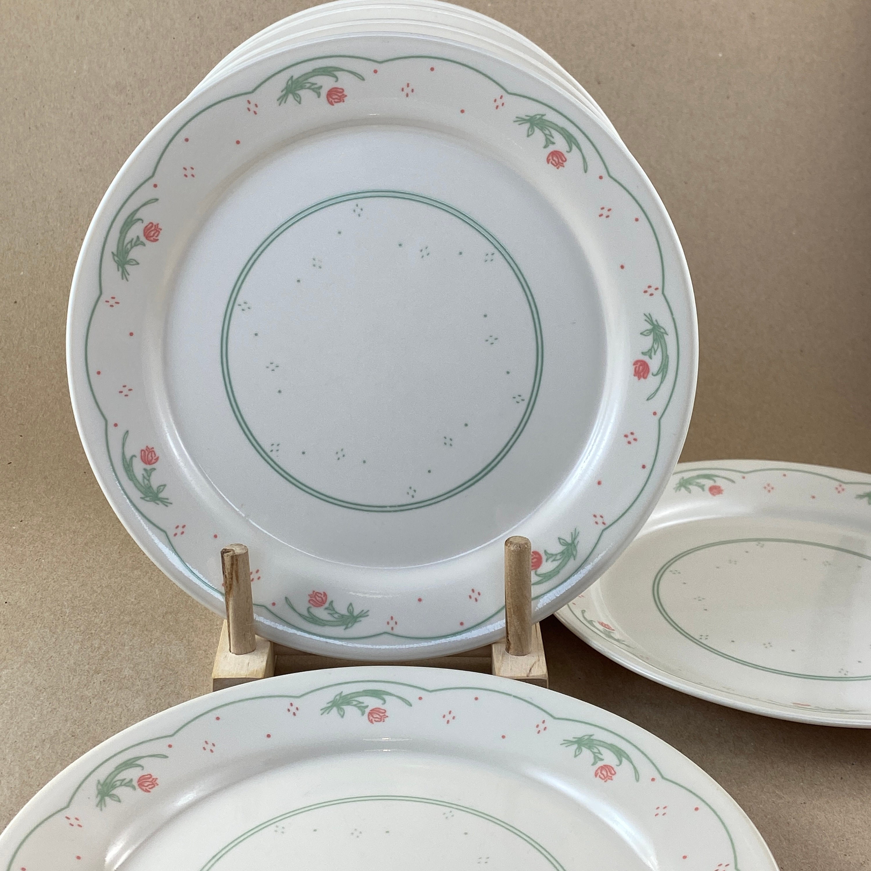 Corelle Pink Flowers Green Dots Band Beige Background Calico Rose ...