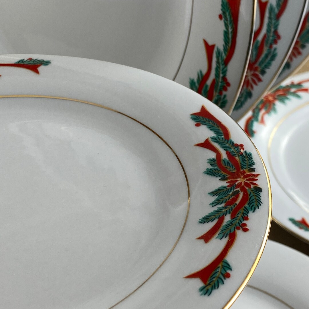 Set of 4 Christmas Dinner Salad Plates Poinsettia & Ribbons Tienshan ...