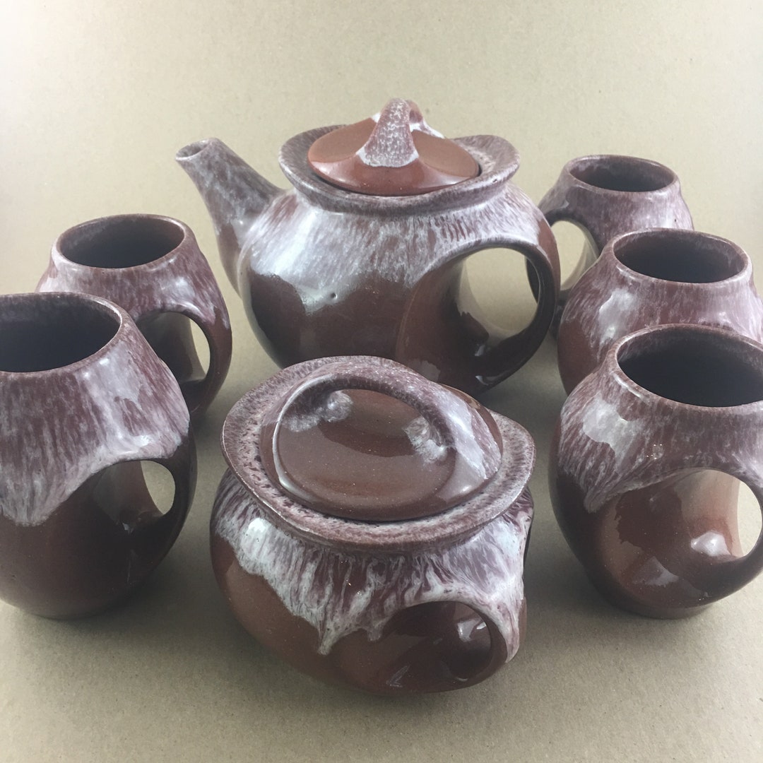 Vintage 9 Piece Art Clay Terra Cotta Drip Glazed Tea Set, Vintage ...