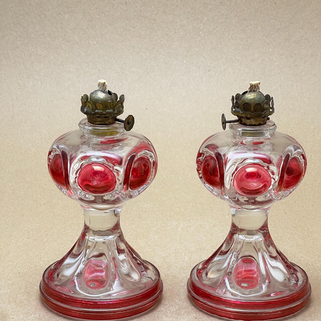 Pair of Vintage Tiffin Kings Crown Cranberry Flash Oil Lamp Base ...