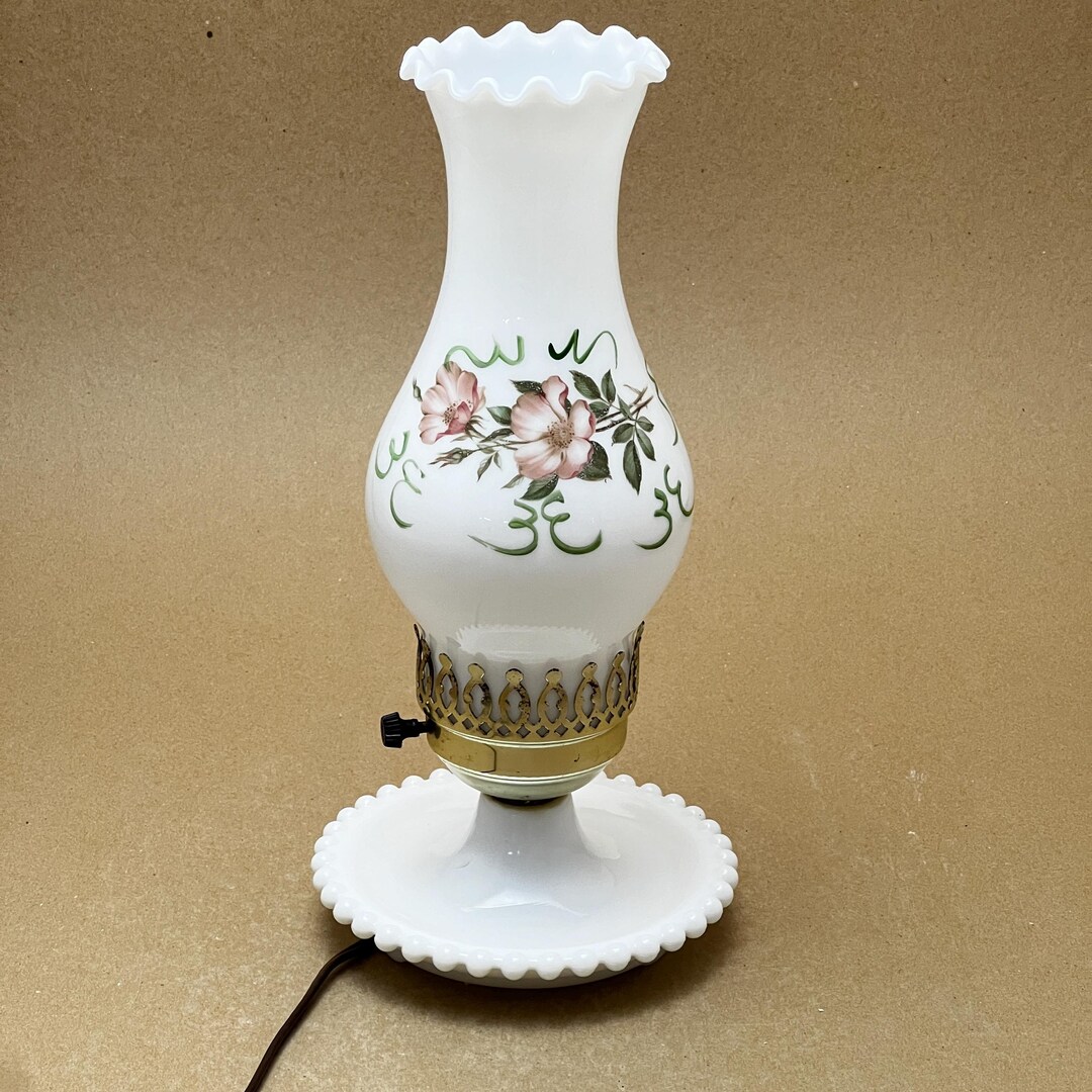 Vintage Hurricane Lamp Hobnail Base White Ruffled Crimped Glass Shade ...