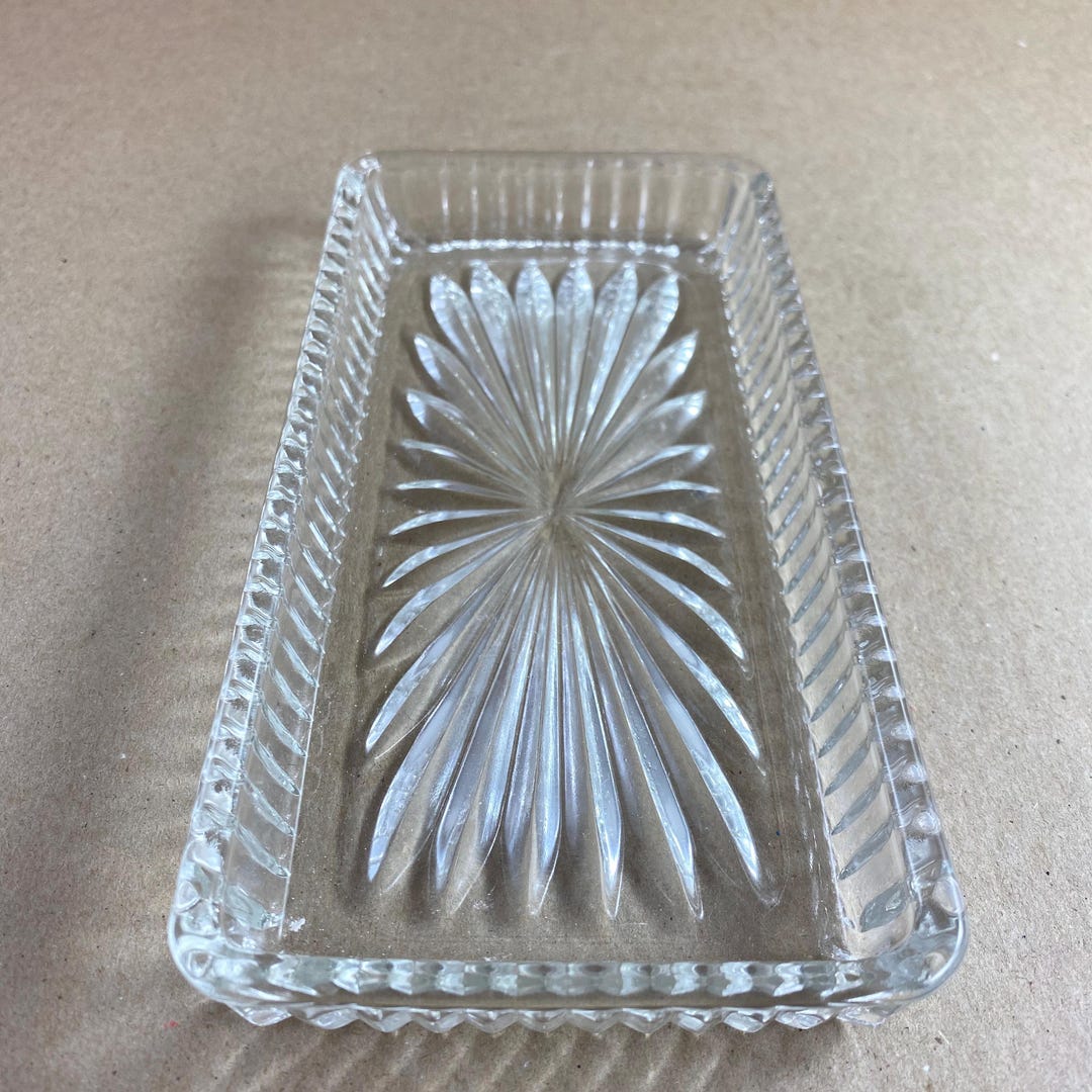 Vintage Starburst Glass Relish Dish Butter Dish: Crystal Vanity Trinket ...