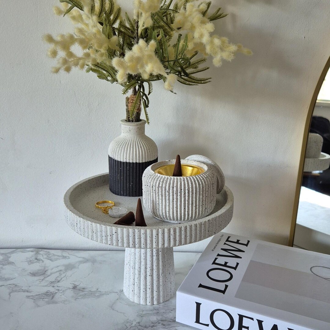Ribbed Pedestal Tray | Granite | Fluted |minimalist Table Décor | Round ...