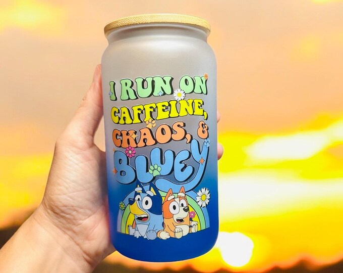 Bluey and Bingo Glass Can, Glass Tumbler With Straw and Lid, Cute Beer ...