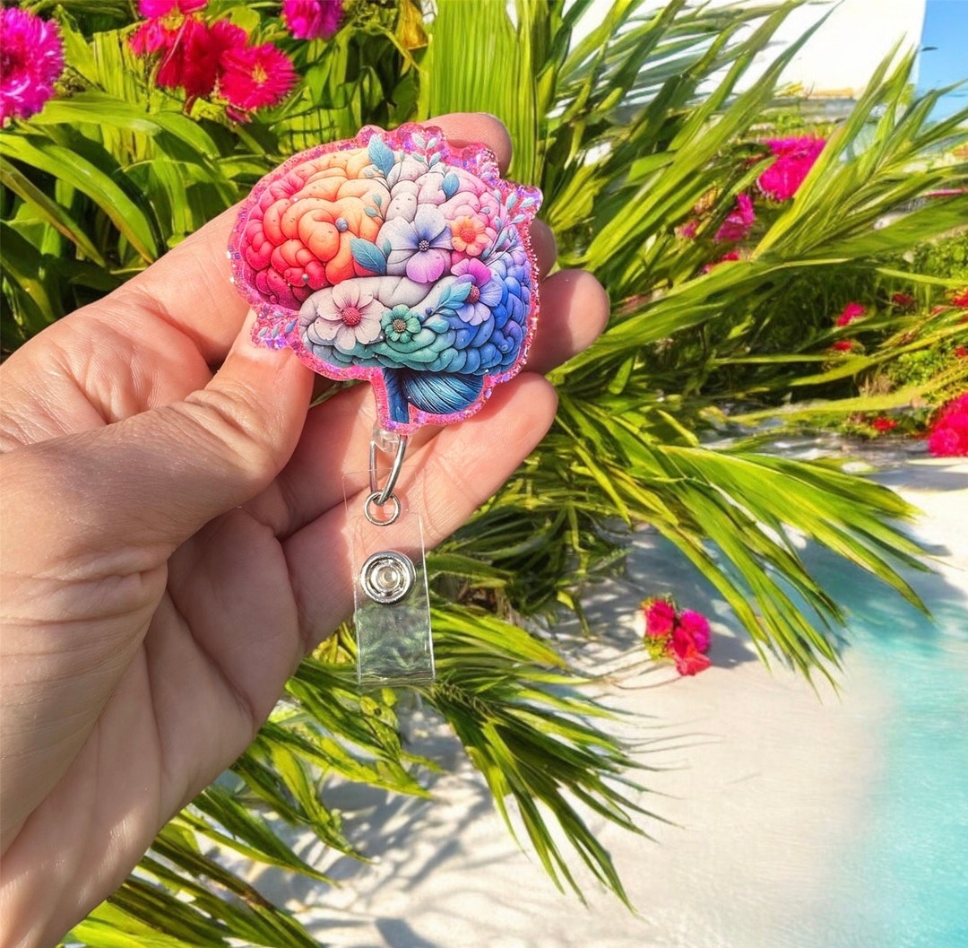 Floral Brain Badge Reel, Neurology Badge Reel, Nurse Badge Reel, Neuro ...