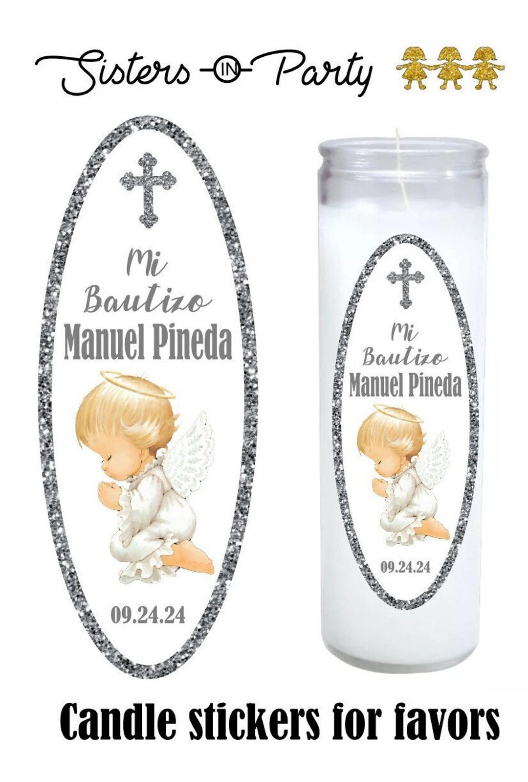 Baptism Angel Stickers / Favor Labels / Gold or Silver / Candle ...