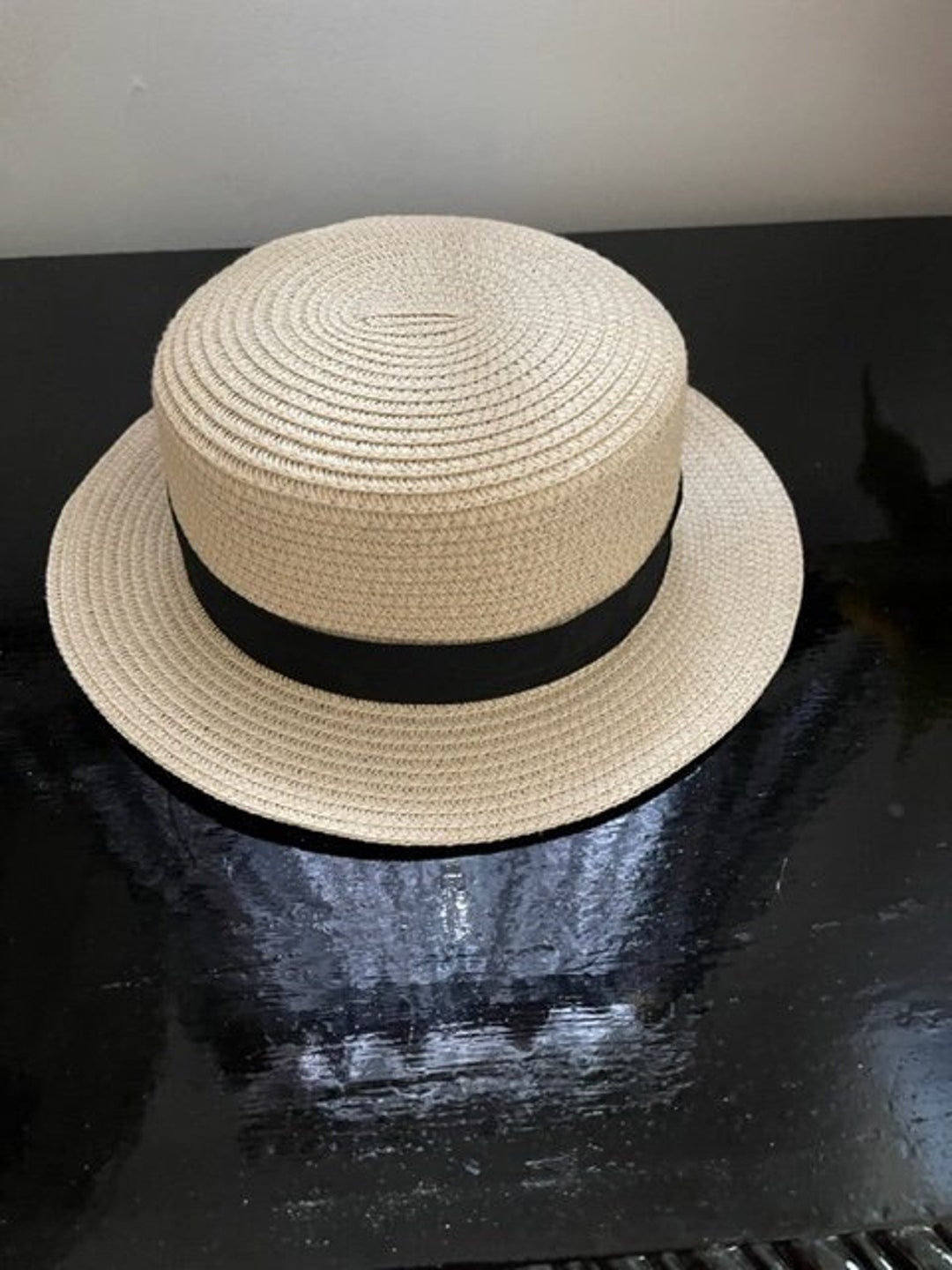 Straw Hat With Black Ribbon Trim - Etsy