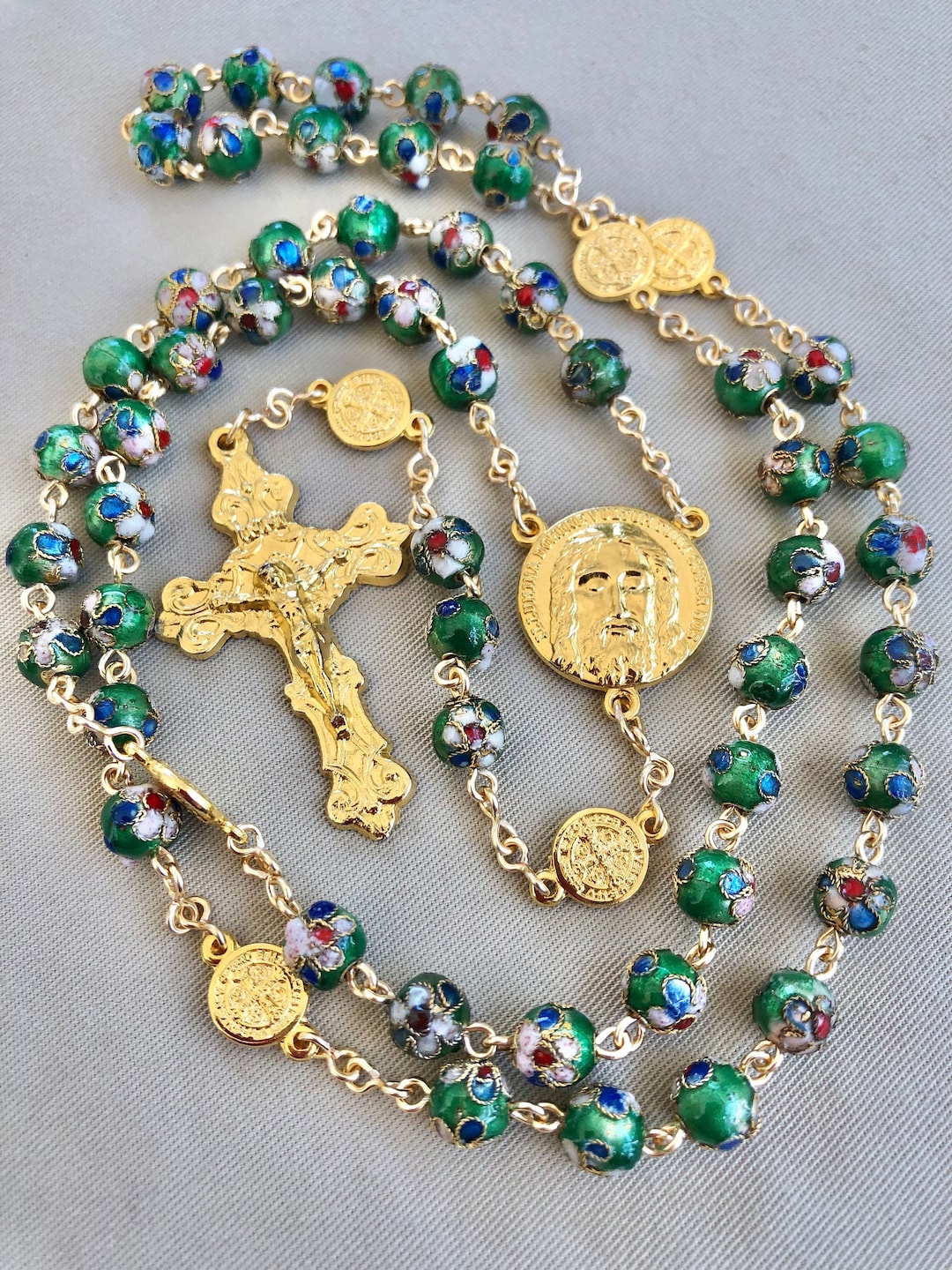 Green Cloisonné Rosary Roman Catholic Five Decade Rosary With Pouch ...