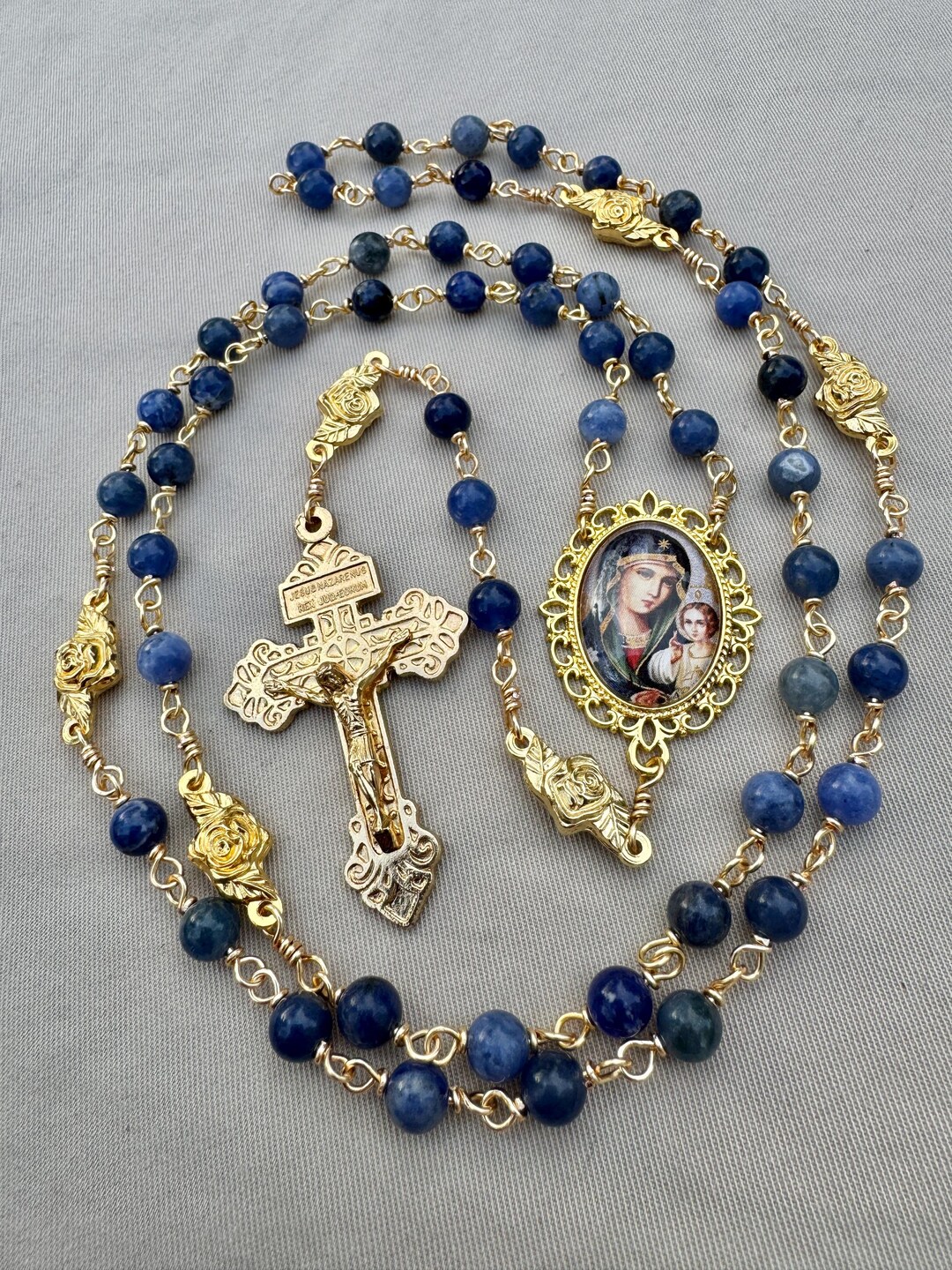Rosary Virgin Mary and Jesus Iconography Genuine Stone Bead Wire ...