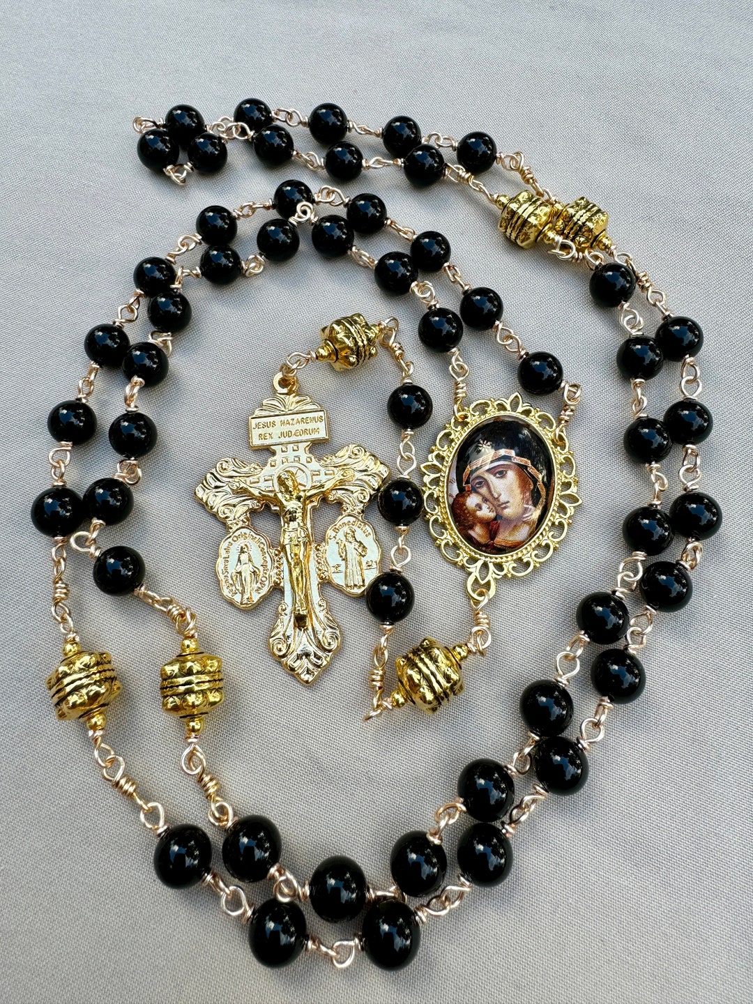 Virgin Mary Rosary Madonna and Child Black Onyx and Gold Wire Wrap ...