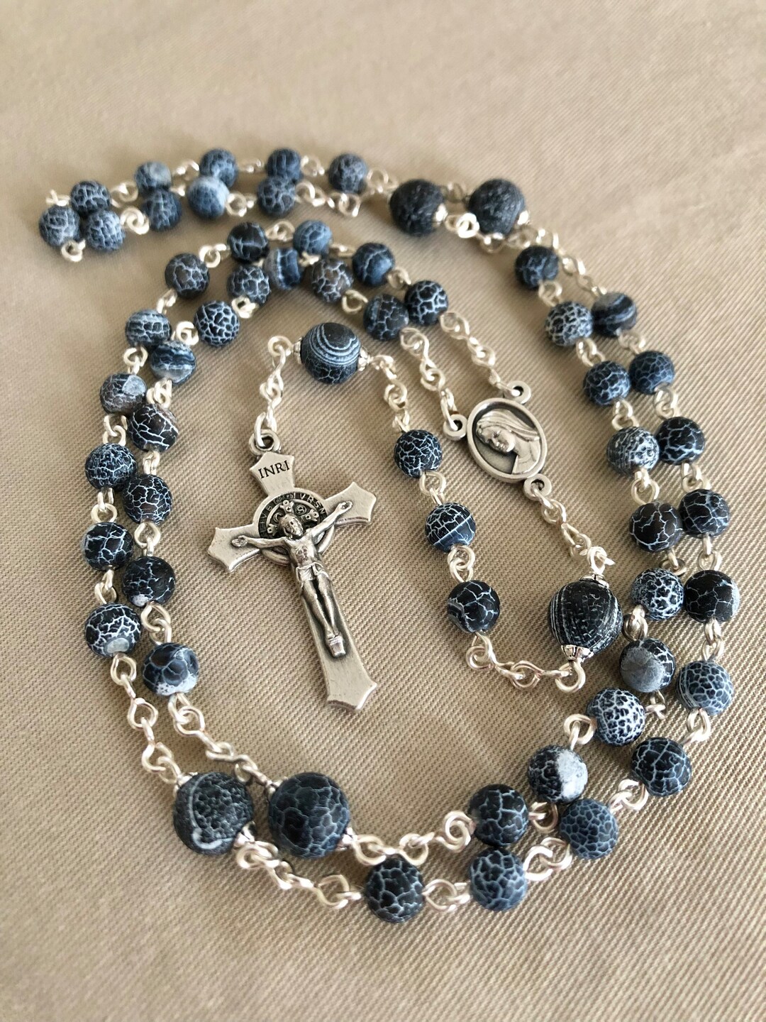 Black and White Agate Beaded Rosary Divine Mercy Saint Benedict ...