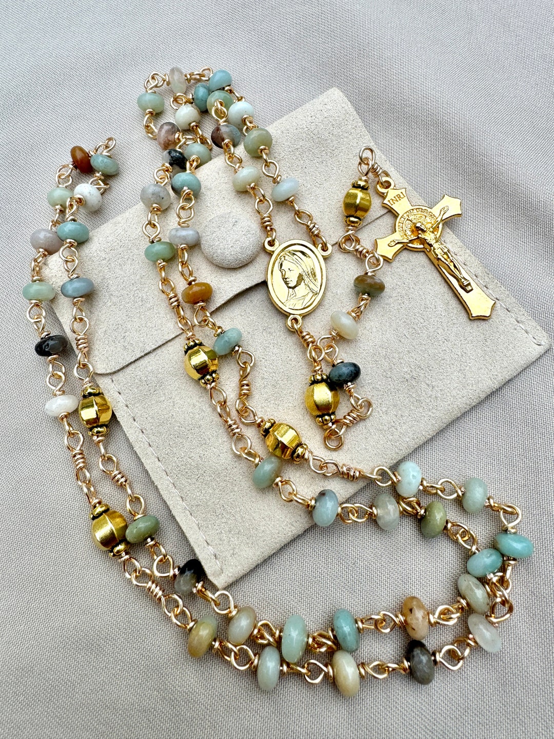 Divine Mercy Rosary Amazonite Stone Wire Wrapped Sturdy Unbreakable ...