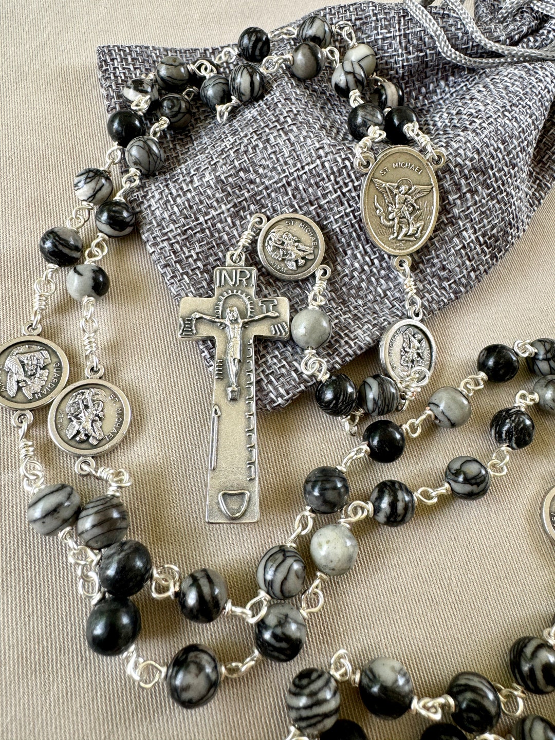 Saint Michael the Archangel Rosary Gray and Black Stone Large Bead ...