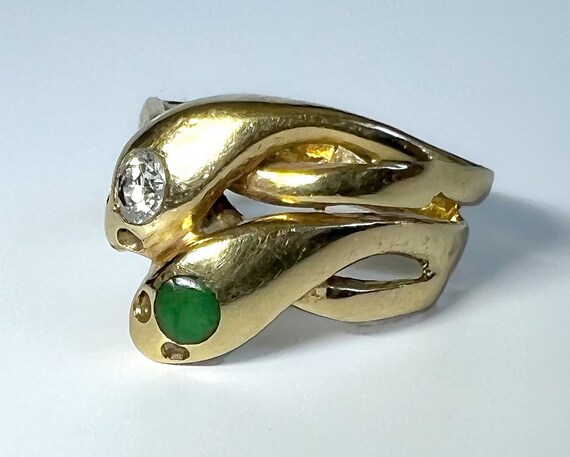 Victorian 14k Mine Cut Diamond Jade Double Snake Ring… - Gem