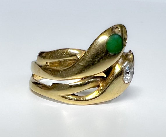 Victorian 14k Mine Cut Diamond Jade Double Snake Ring… - Gem