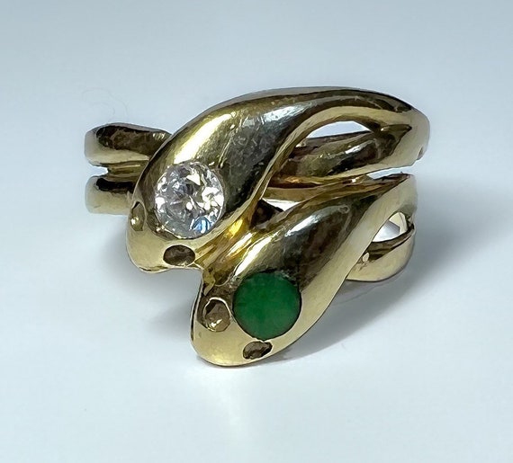 Victorian 14k Mine Cut Diamond Jade Double Snake Ring… - Gem