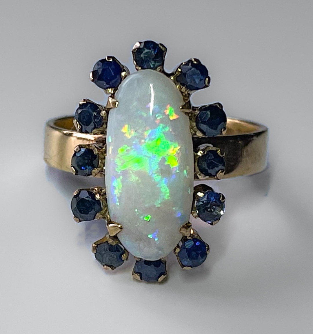 Antique 18k Gold Australian Fire Opal Ring, Blue Spinel Halo - Etsy