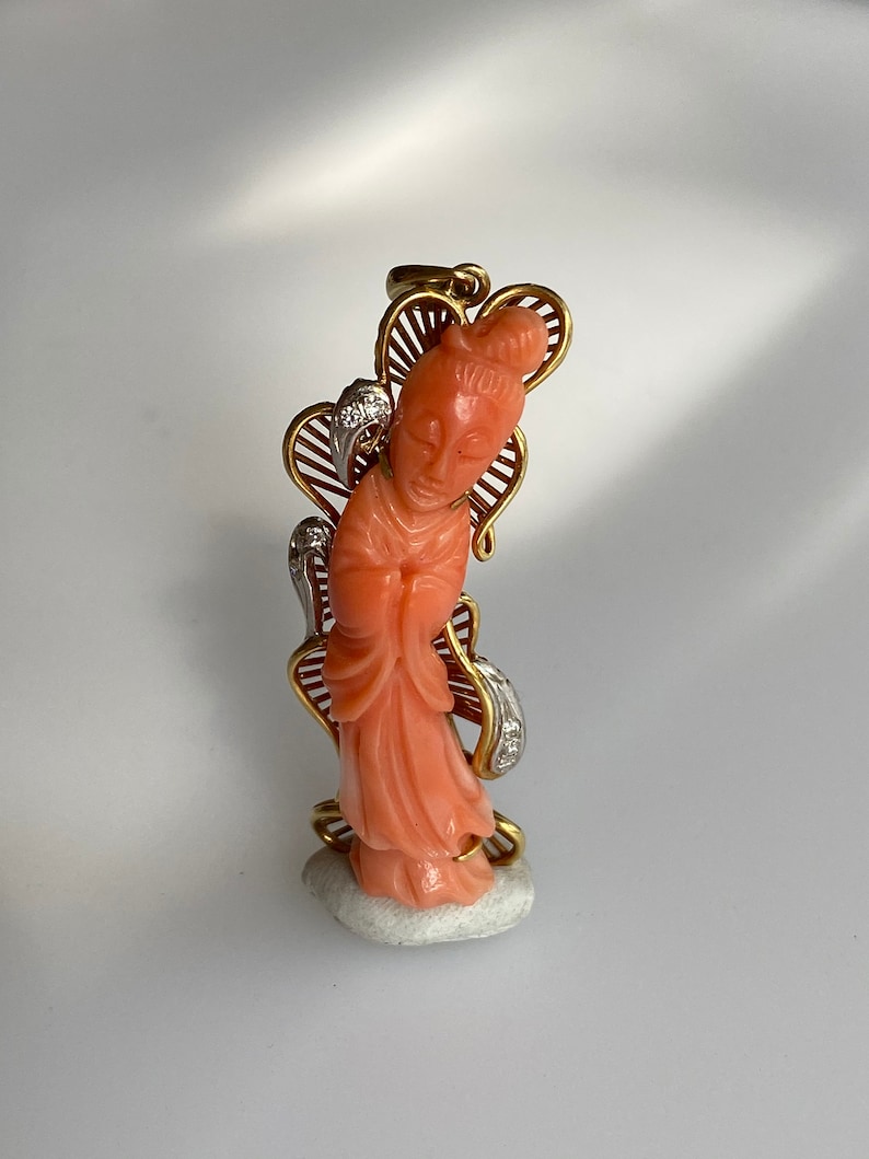 Antique Chinese 14k Coral Diamond Quan Yin Pendant 10g - Etsy