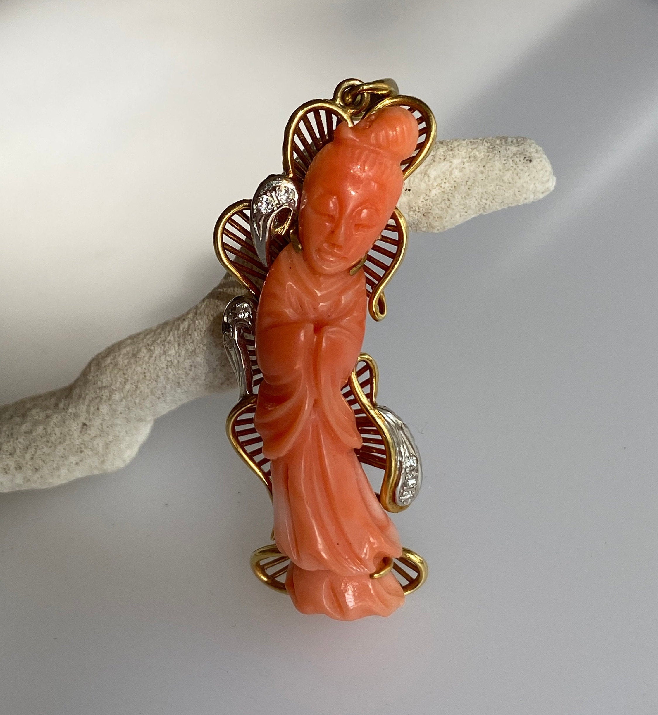 Antique Chinese 14k Coral Diamond Quan Yin Pendant 10g - Etsy
