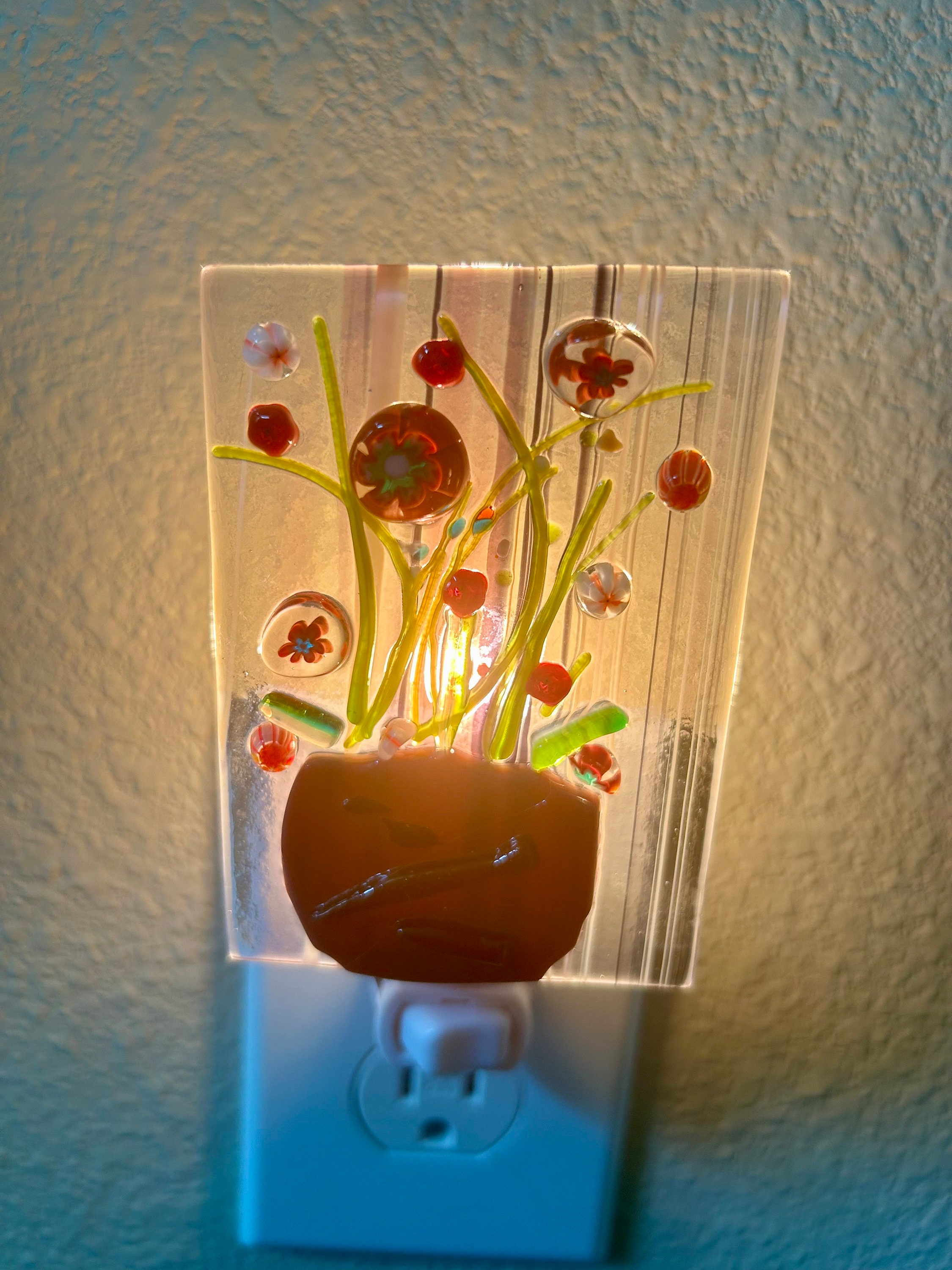 Fused Glass Night Light With Murrini Flowers and Cat Silhouette ...