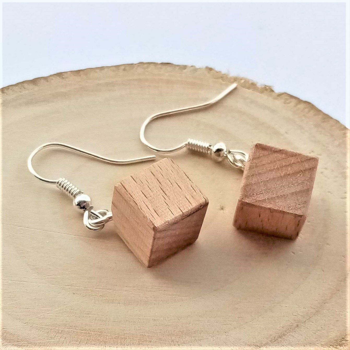 Cube Earrings or Rectangle in Natural Beech Wood Very Thin - Etsy