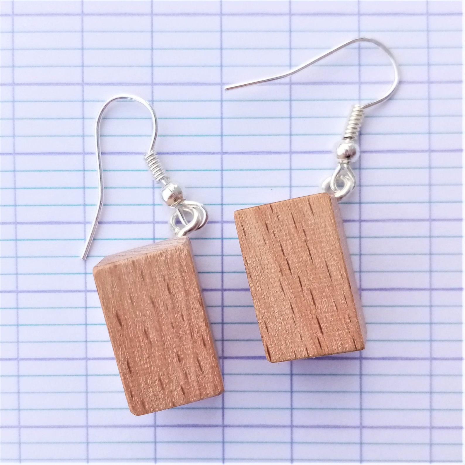Cube Earrings or Rectangle in Natural Beech Wood Very Thin - Etsy