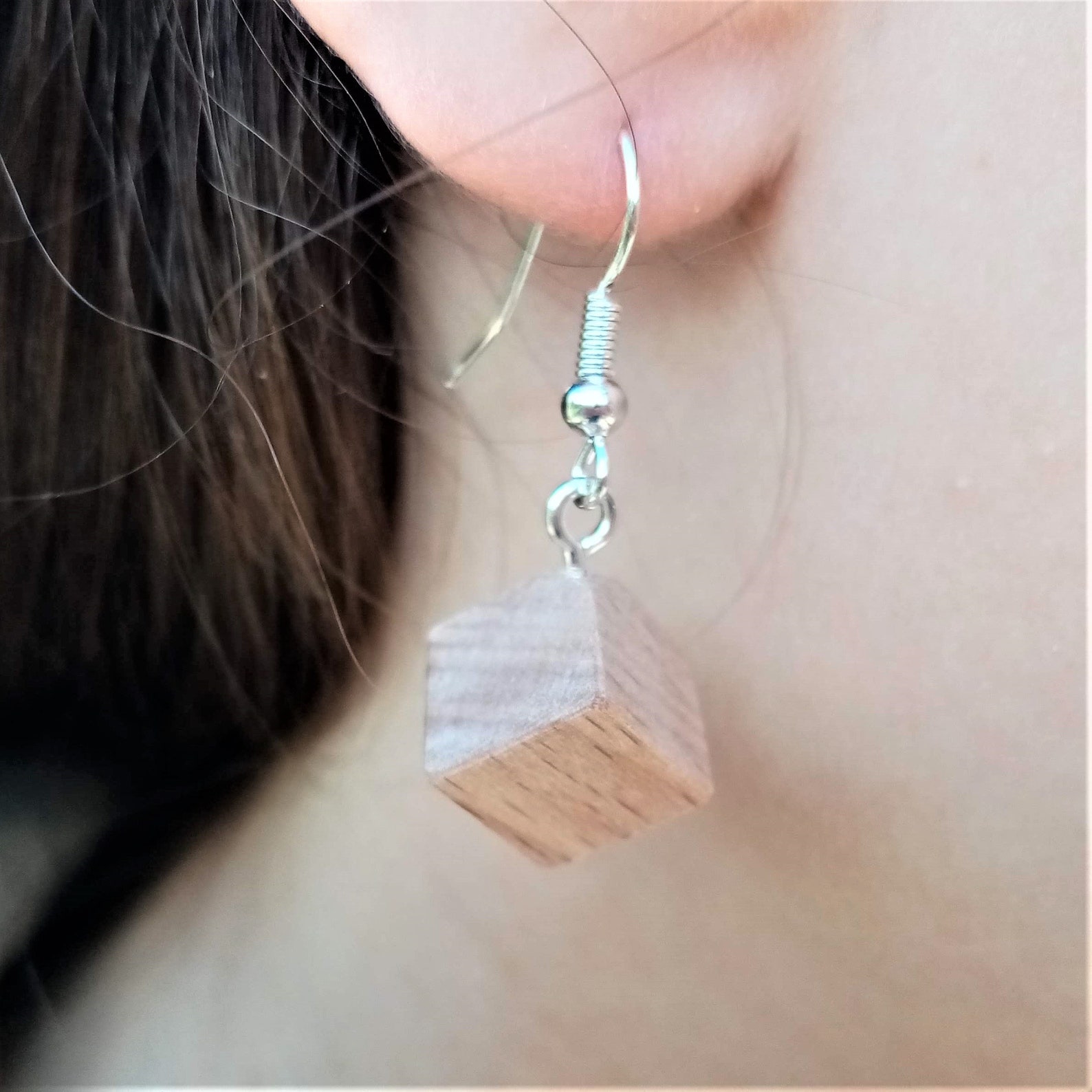 Cube Earrings or Rectangle in Natural Beech Wood Very Thin - Etsy